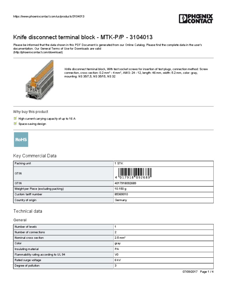 Knife Disconnect Terminal Block 4mm MTK-PP-3104013 | PDF | Equipment ...