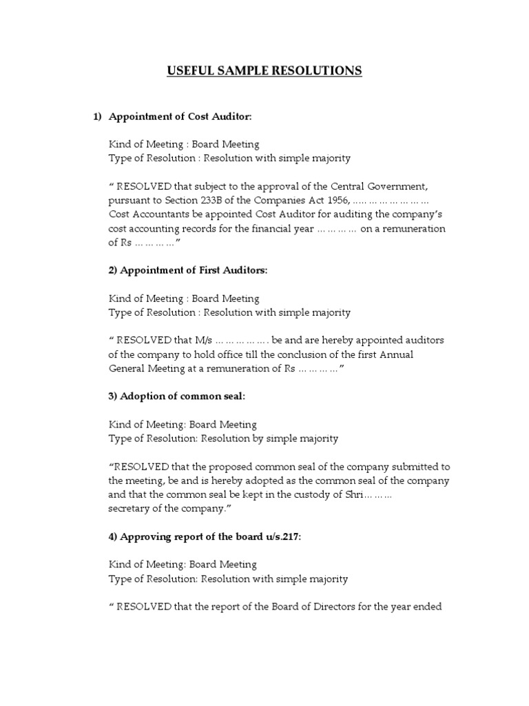 Sample Company Resolutions Guide | PDF | Board Of Directors ...