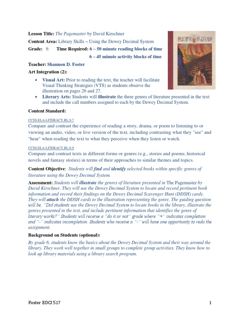 Lesson Plan #1 The Pagemaster Rough Draft | PDF | Genre | Lesson Plan