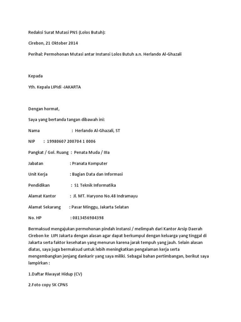 Contoh Surat Mutasi PNS Lolos Butuh | PDF