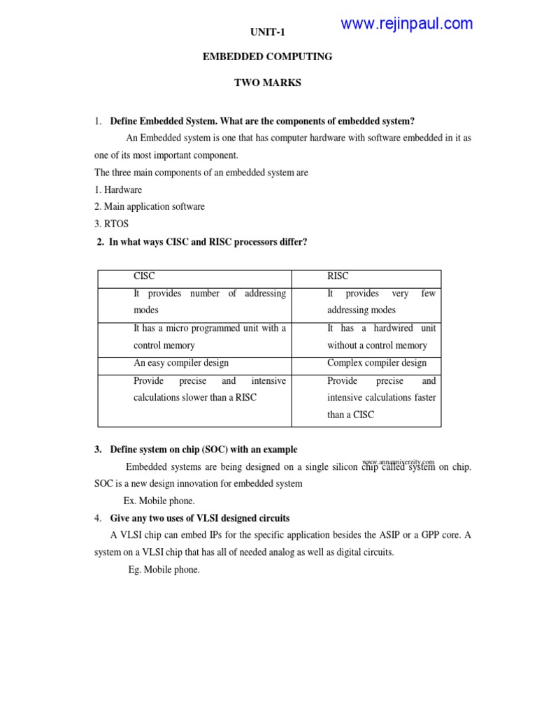 UNIT-1 Embedded Computing Two Marks: 2. in What Ways CISC and RISC Processors Differ? | PDF ...