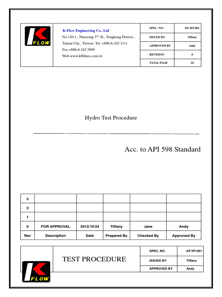 Acc. To API 598 Standard: Hydro Test Procedure | PDF | Valve | Steel