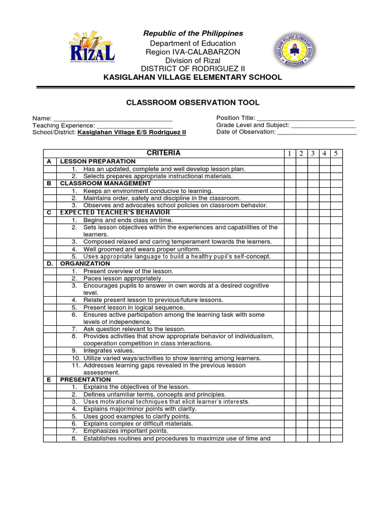 Classroom Observation Tool | PDF | Educational Assessment | Learning