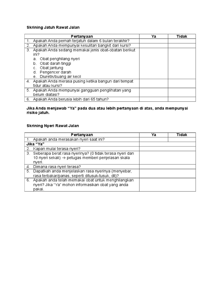 Contoh Skrining Pasien Jatuh Dan Nyeri Rawat Jalan | PDF | Pengembangan ...