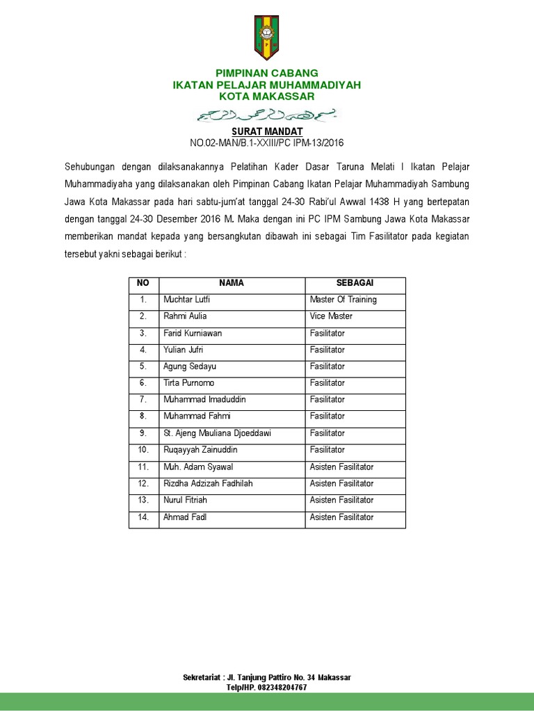 Surat Mandat Pelatihan Kader IPM | PDF