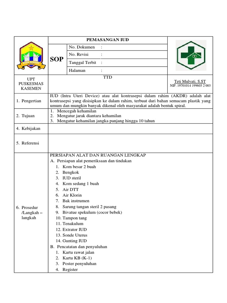 Sop Pemasangan Iud | PDF
