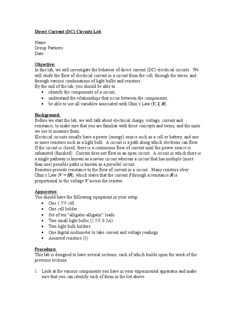 Direct Current (DC) Circuits Lab | PDF | Series And Parallel Circuits ...