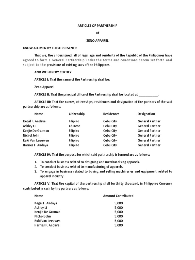 Articles of Partnership for Zeno Apparel | PDF | Partnership | Citizenship