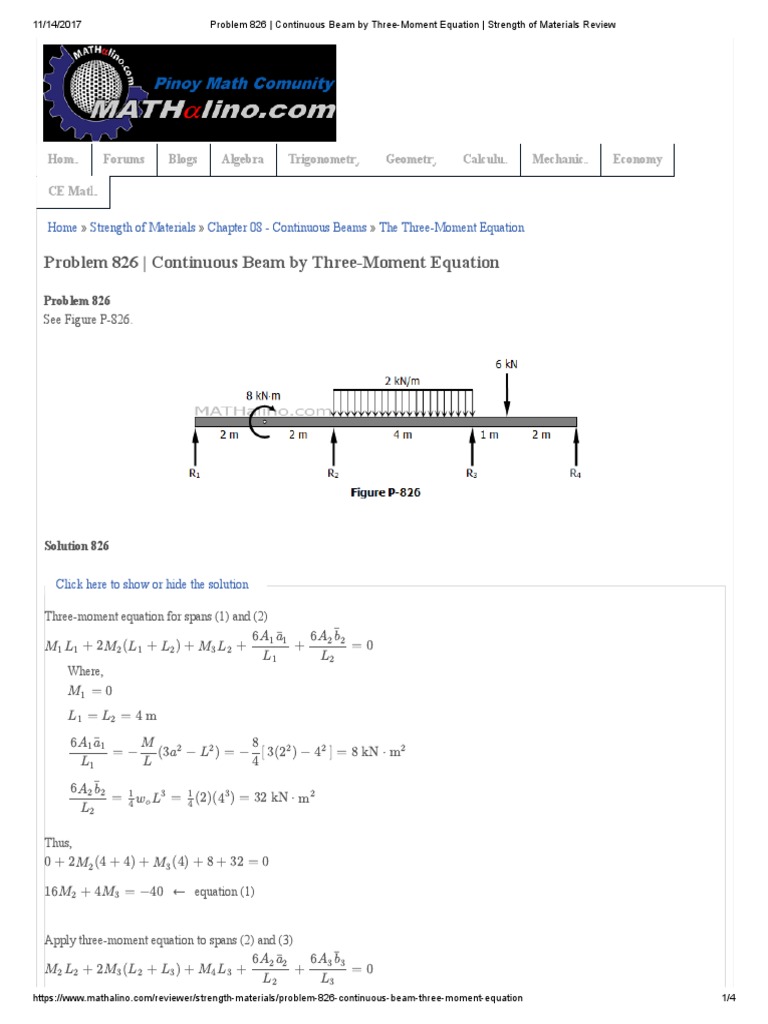 Problem 826 - Continuous Beam by Three-Moment Equation - Strength of ...