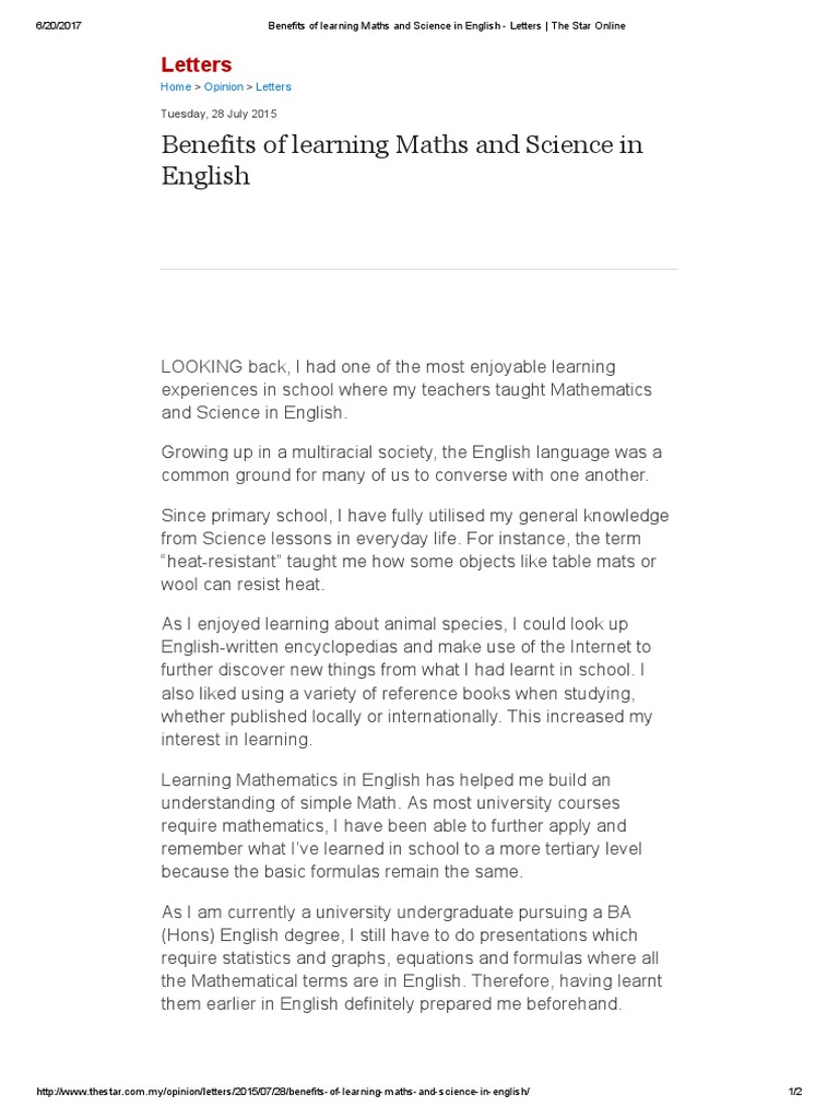 Benefits of Learning Maths and Science in English - Letters - The Star ...