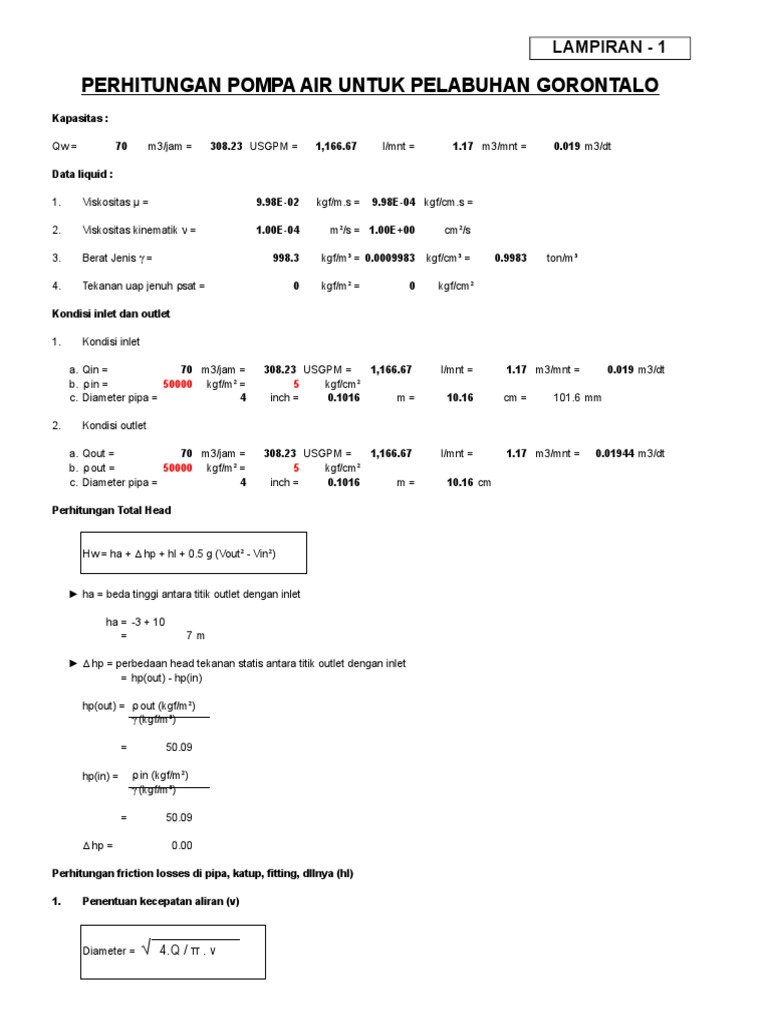 Perhitungan Head Dan Spesifikasi Pompa | PDF