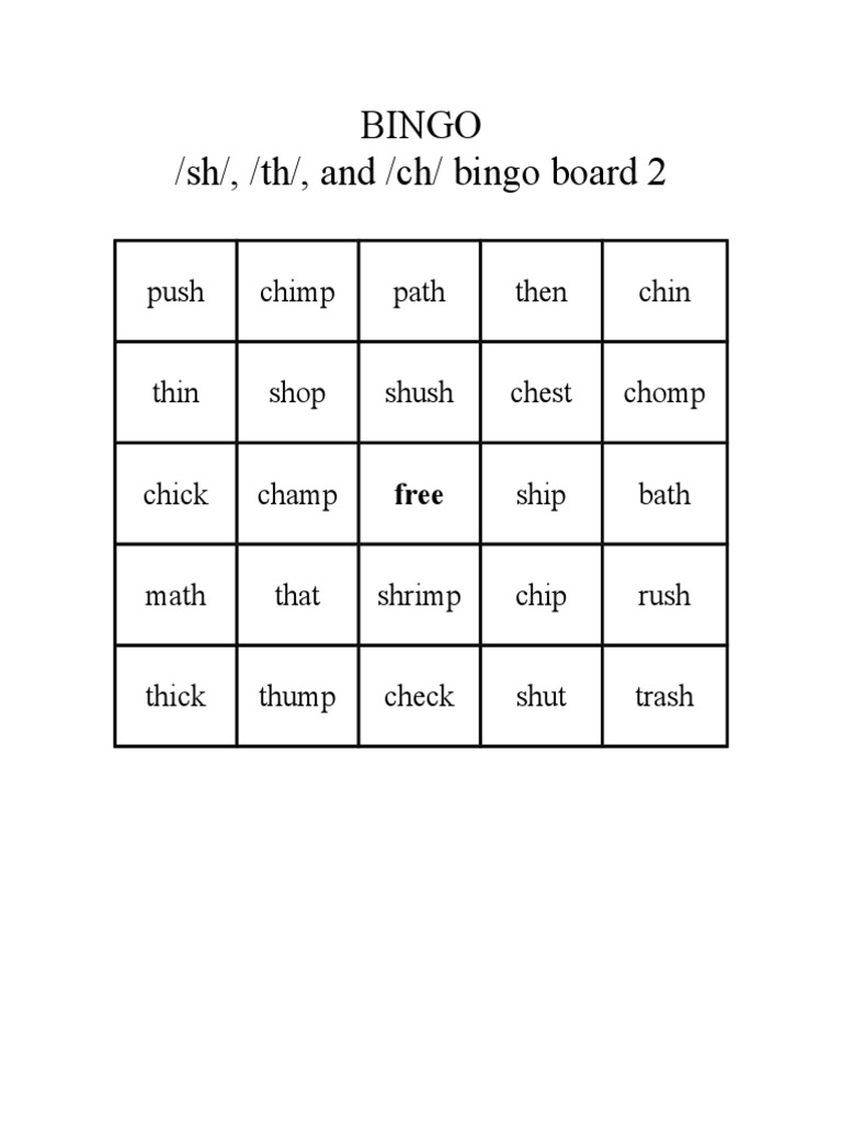 Bingo /SH/, /TH/, and /CH/ Bingo Board 2 | PDF