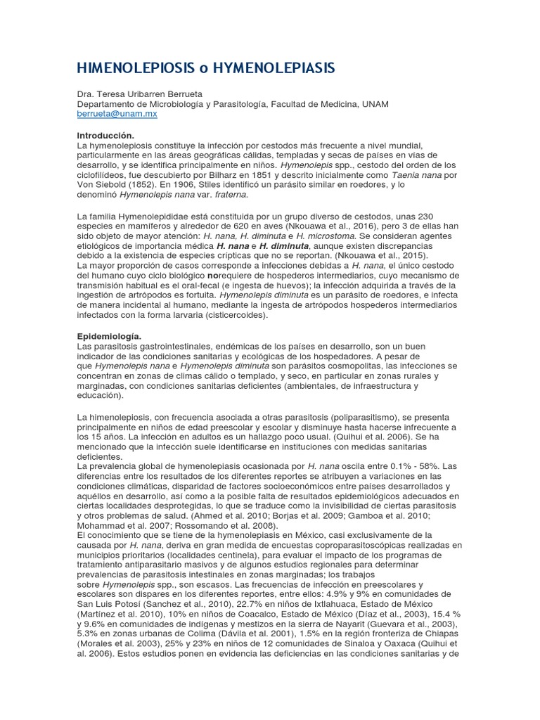 Himenolepiosis o Hymenolepiasis 2016 | PDF | Diarrea | Organismos