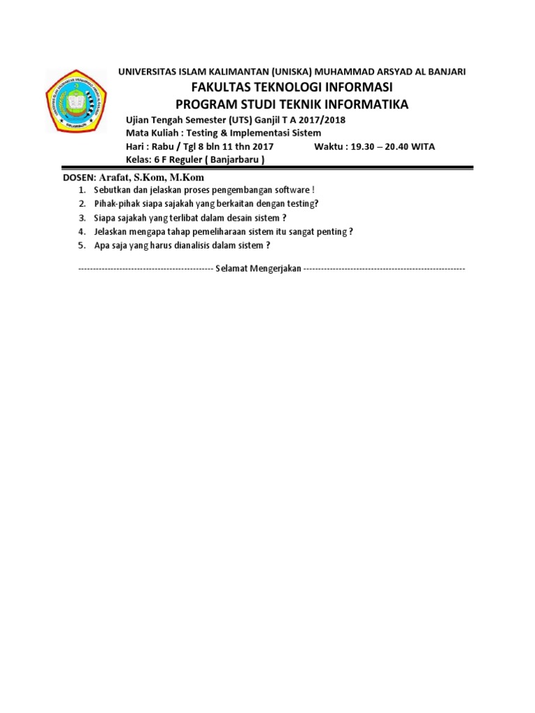 Soal Uts Testing Implementasi | PDF | Teknologi & Rekayasa