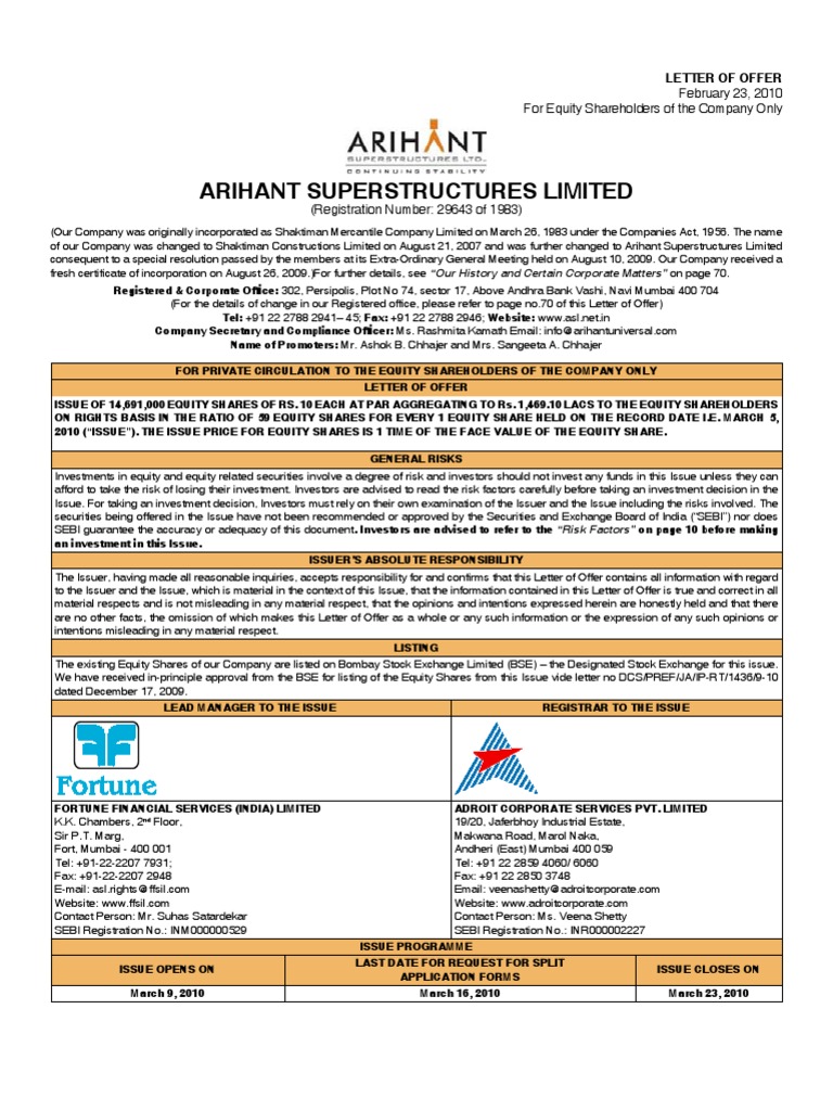 Arihant Superstructures Limited: February 23, 2010 For Equity ...