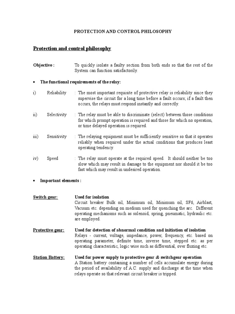 Protection and Control Philosophy | PDF | Relay | Transformer