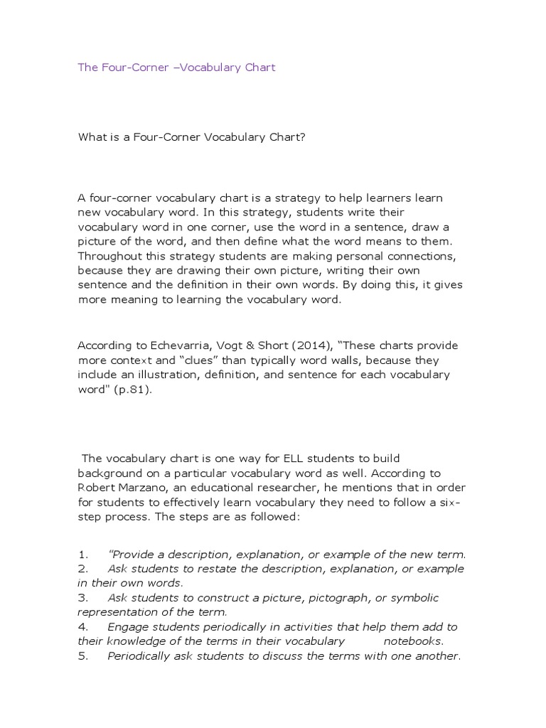 The Four Corner Vocabulary Chart | PDF | Vocabulary | Word