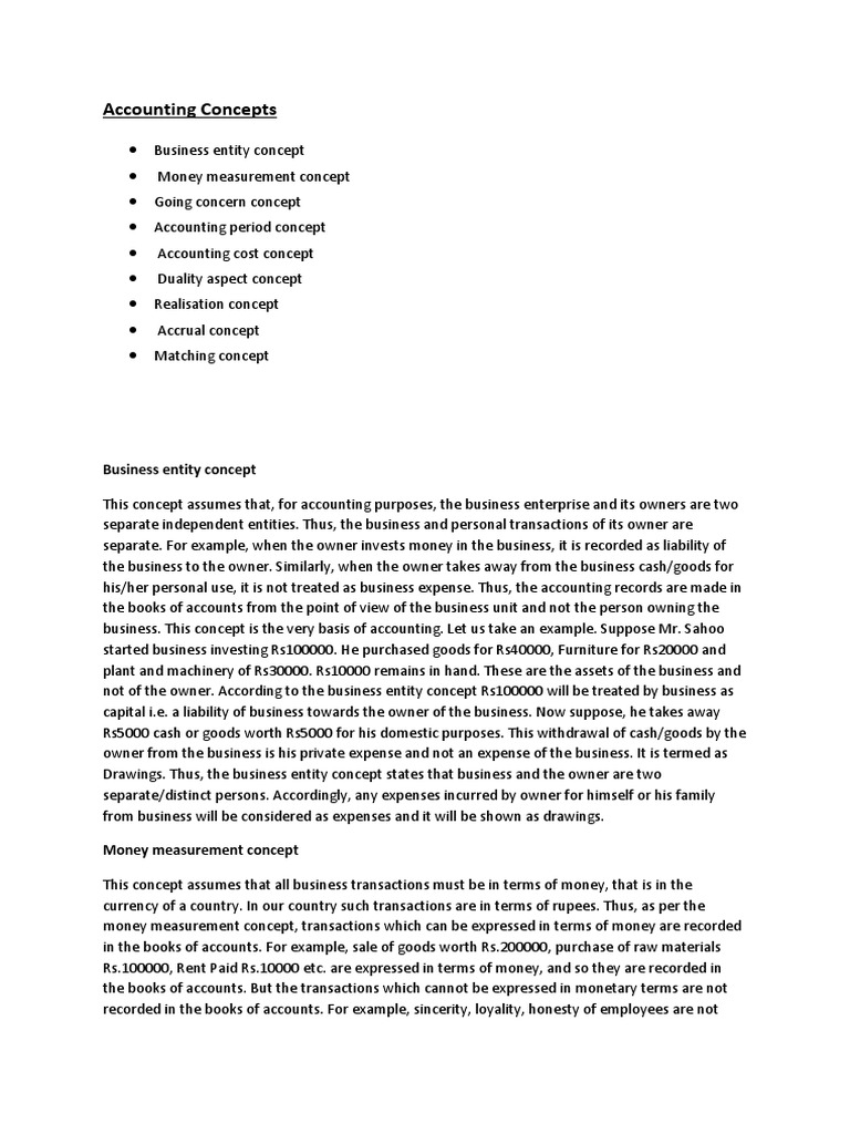 Accounting Concepts: Business Entity Concept | PDF | Cost | Historical Cost