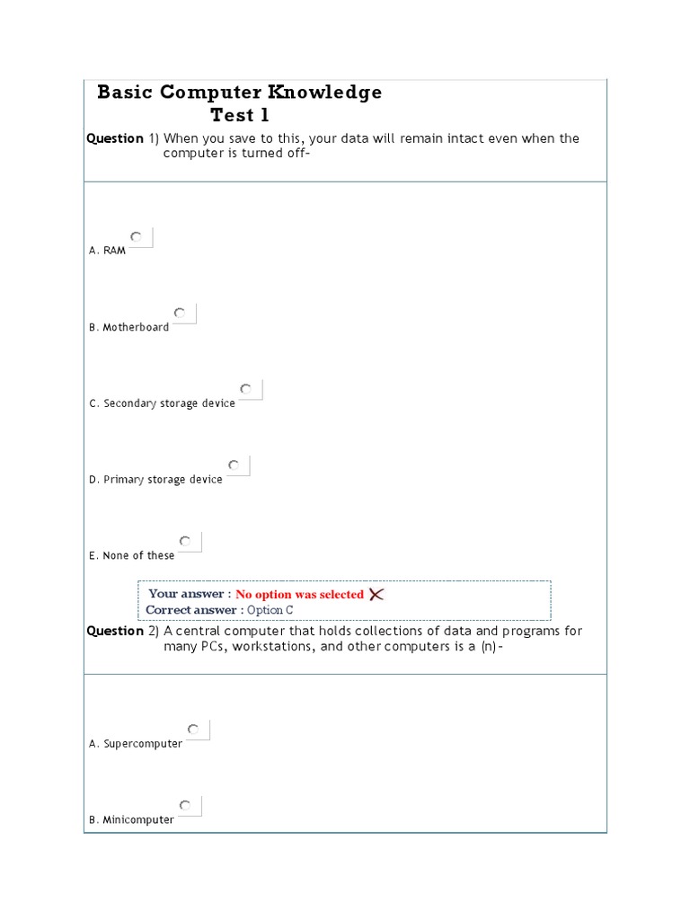 Basic Computer Knowledge Test 1 | PDF | Computer Data Storage ...