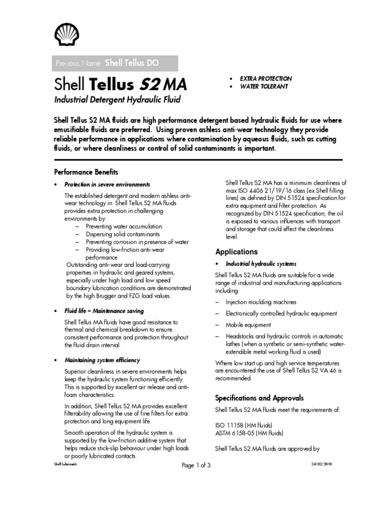 Shell Tellus MA: Industrial Detergent Hydraulic Fluid | PDF | Viscosity ...