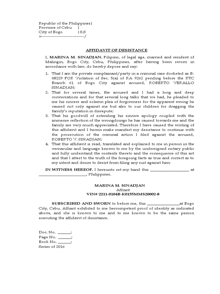 Affidavit of Desistance-9262 | Affidavit | Judiciaries
