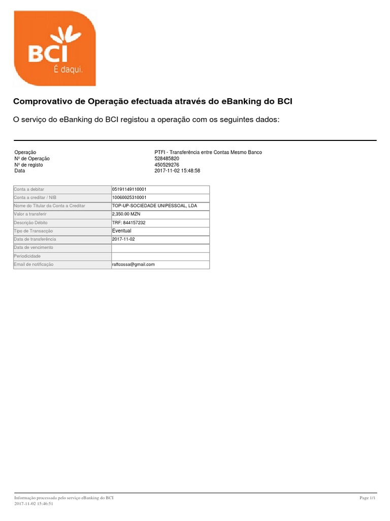 Comprovativo de Operação Efectuada Através Do Ebanking Do Bci | PDF