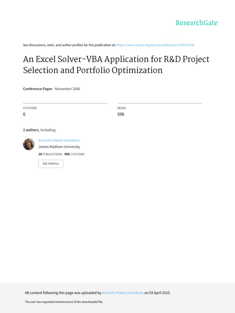 An Excel Solver-VBA Application For R&D Project Selection and Portfolio Optimization | PDF ...
