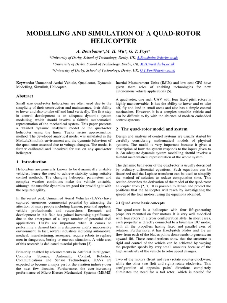Modelling and Simulation of A Quad-Rotor Helicopter: A. Bousbaine, M. H. Wu, G. T. Poyi | PDF ...