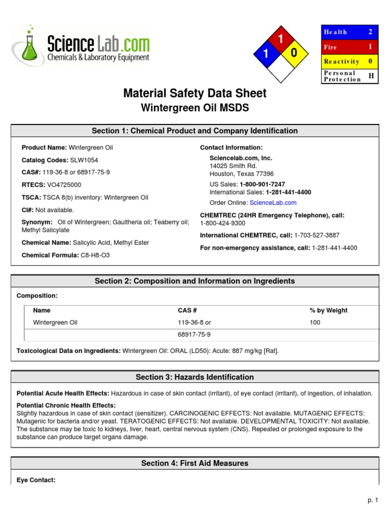 Wintergreen Oil MSDS: Section 1: Chemical Product and Company ...