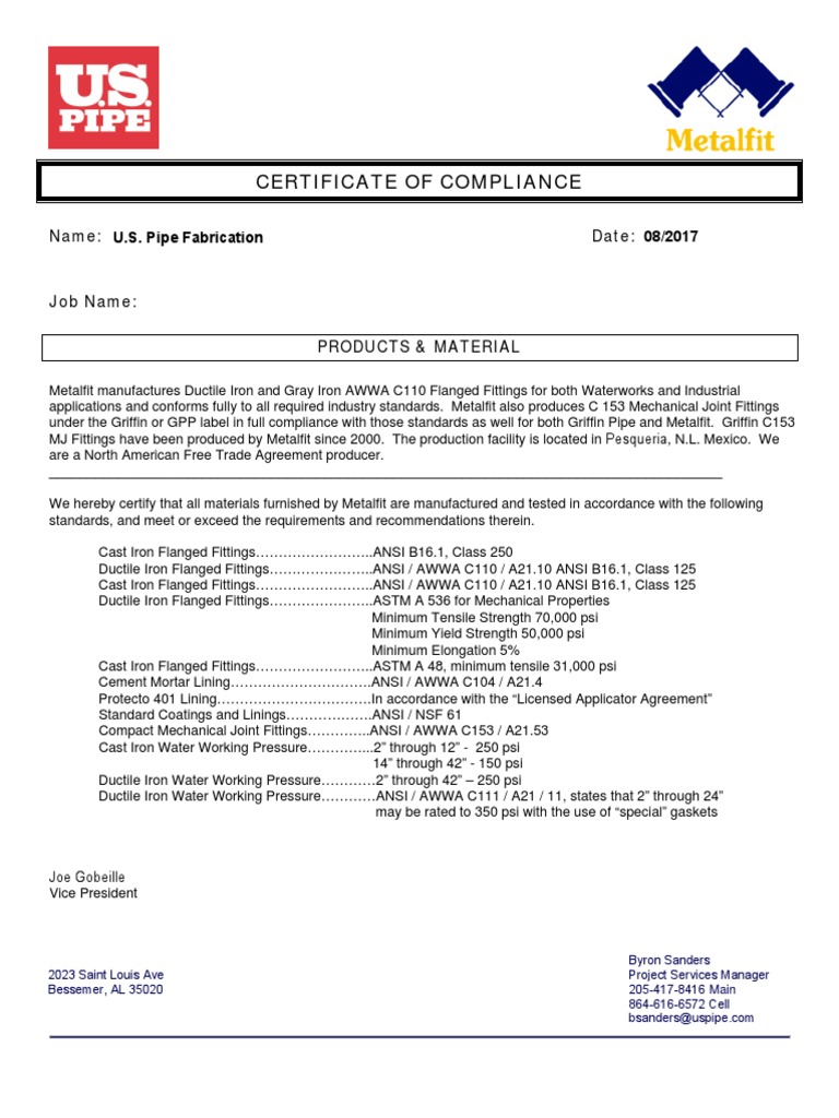 USP Fab Metalfit Certificate of Compliance | Pipe (Fluid Conveyance ...