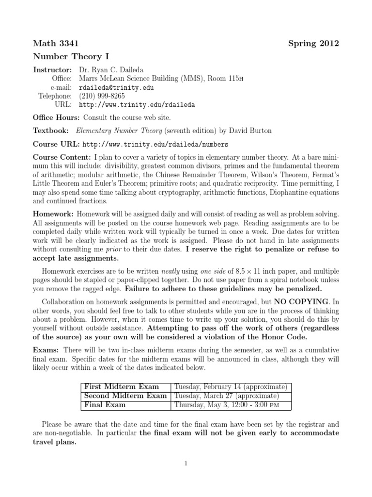 Math 3341 Spring 2012 Number Theory I | PDF | Number Theory | Homework