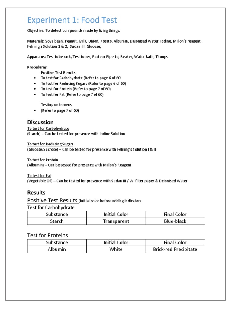 Experiment 1: Food Test: Discussion | PDF | Sucrose | Soybean