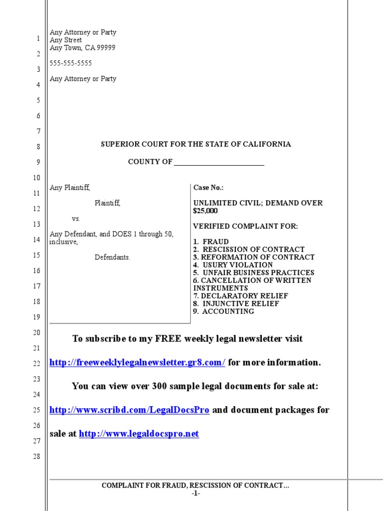 Sample Complaint For Rescission of Contract in California | PDF ...