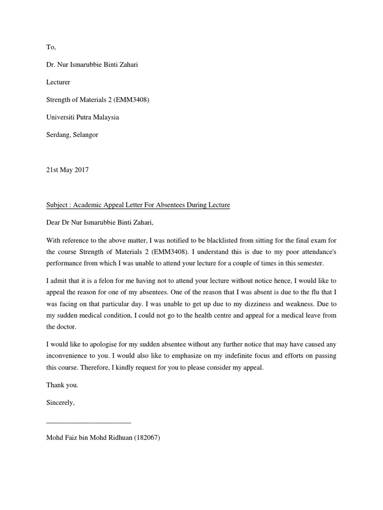 Appeal for Absence in Lecture | PDF