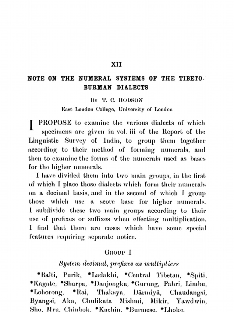 Notes On The Numerical System of Tibeto-Burman Dialects | PDF ...