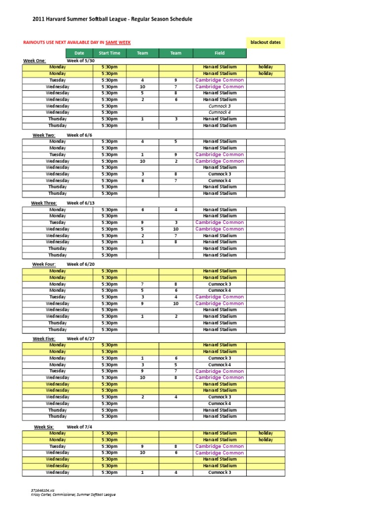 2011 Harvard Summer Softball Schedule | PDF