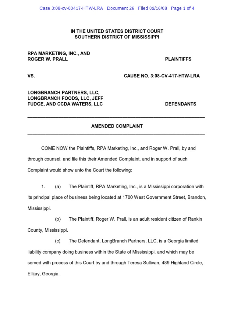 7/2008 Amended Complaint Filed Against LongBranch Partners, LLC, Jeff ...