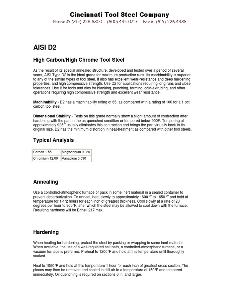 AISI D2 Tool Steel Specifications | PDF | Annealing (Metallurgy) | Steel