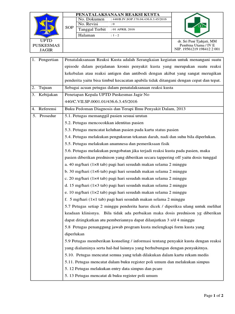 Sop Penatalaksanaan Reaksi Kusta | PDF