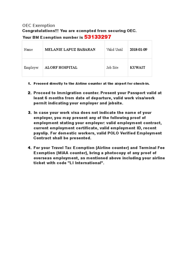 OEC Exemption: Name Valid Until | PDF