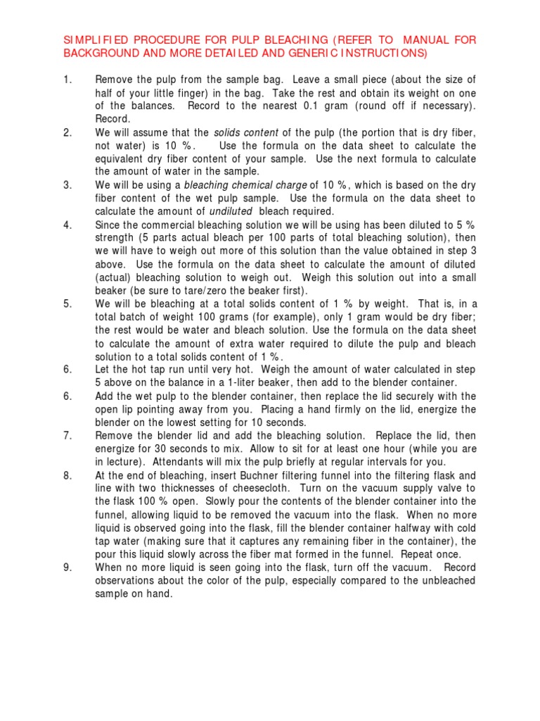 Simplified Procedure For Pulp Bleaching (Refer To Manual For Background ...