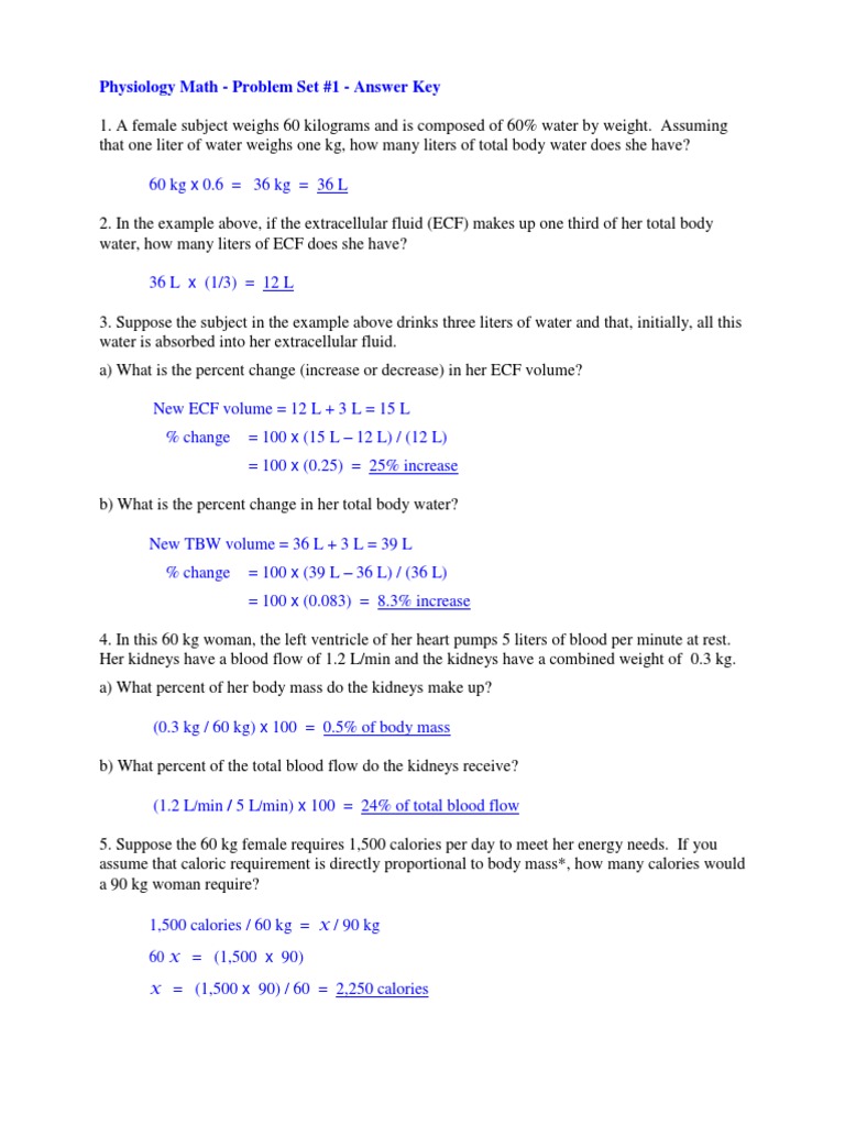 Physiology Math - Problem Set #1 - Answer Key | PDF