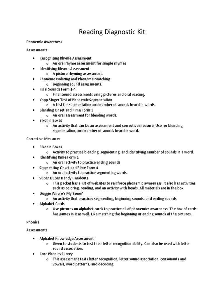 Reading Diagnostic Kit | PDF | Phonics | Reading Comprehension