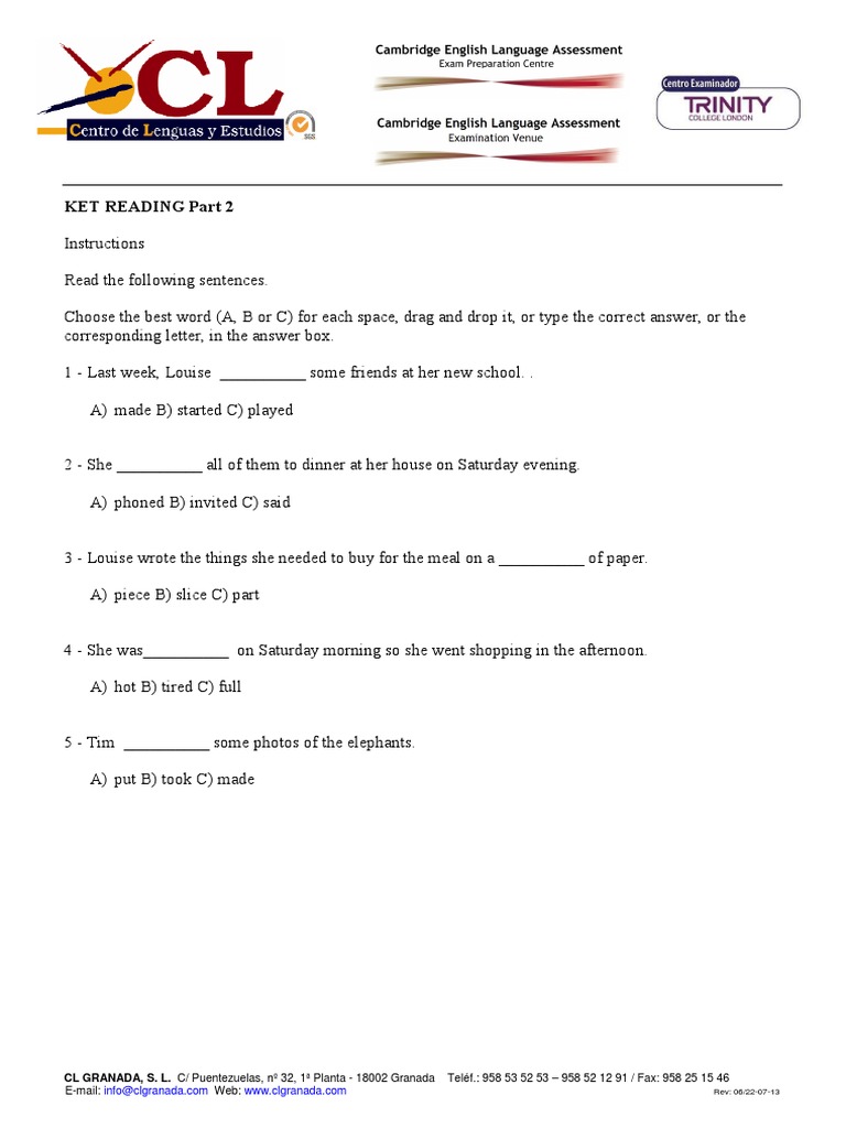 KET Reading Part 2 Practice Exercise | PDF