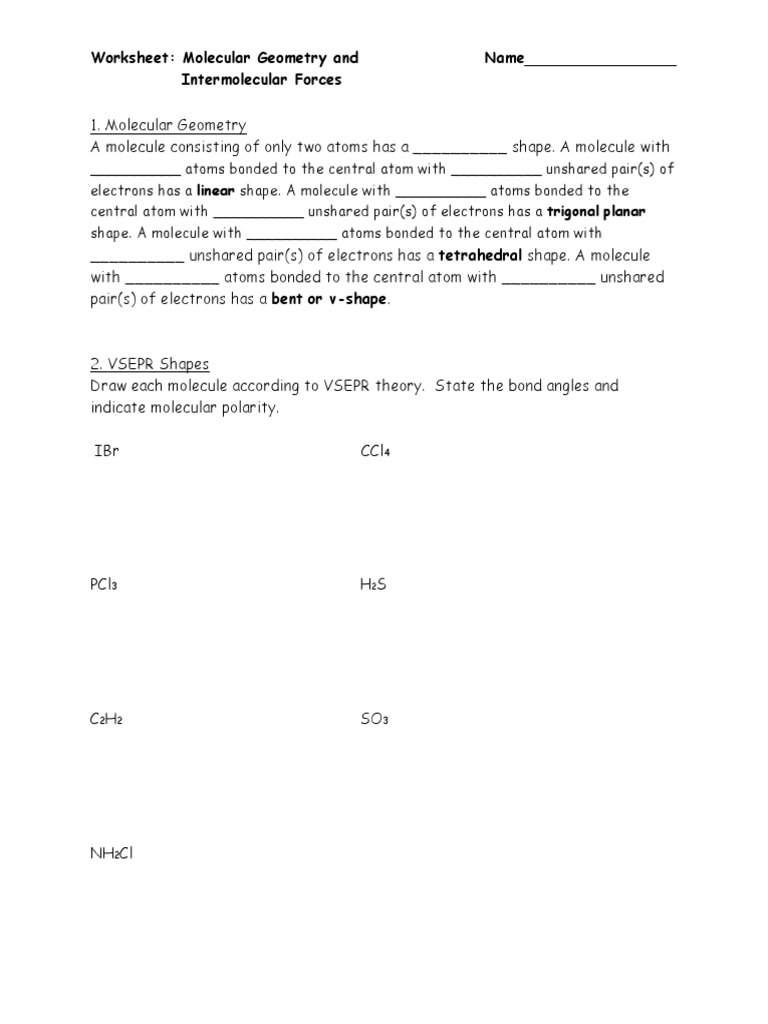 Molecular Geometry and Intermolecular Forces Worksheet | PDF