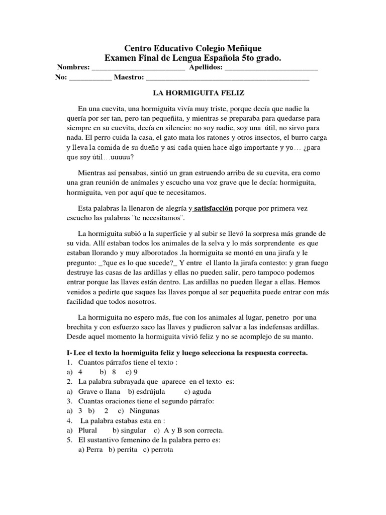 Examen de Lengua Española de 5to Segundo Semestre | PDF | Palabra ...