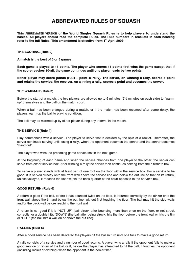Squash Rules: Quick Reference Guide | PDF | Team Sports | Leisure
