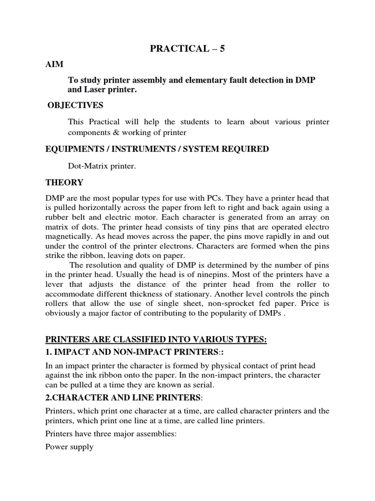 Practical - 5: AIM To Study Printer Assembly and Elementary Fault ...