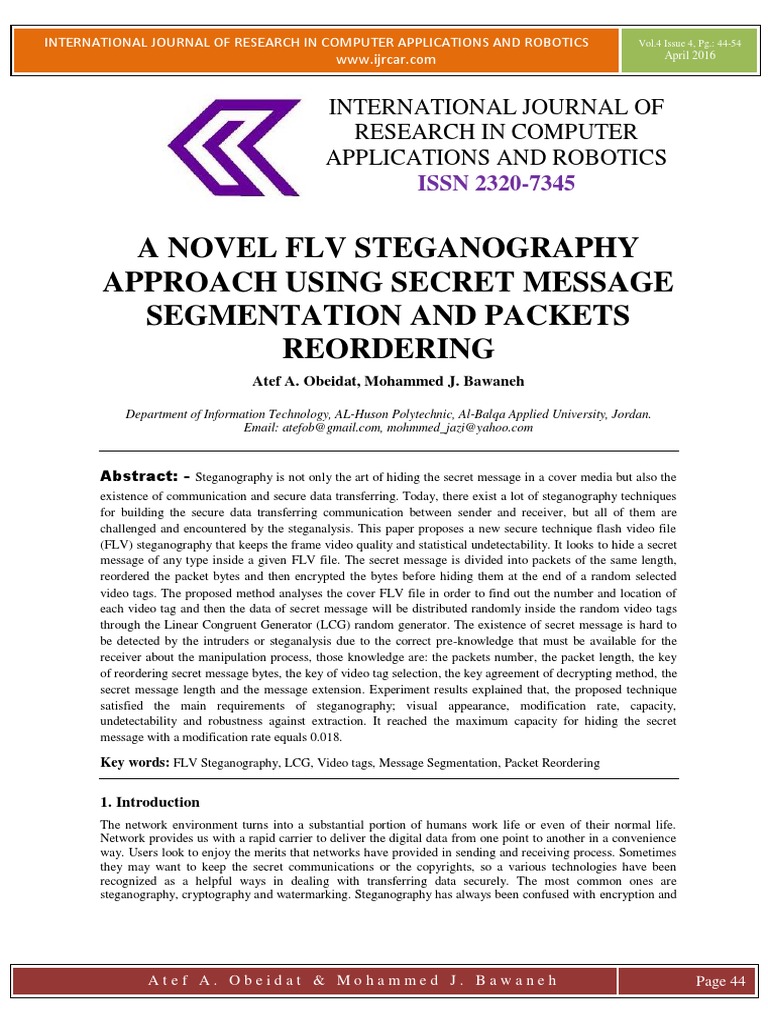 A Novel FLV Steganography Approach Using Secret Message Segmentation and Packets Reordering ...
