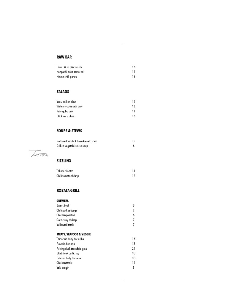 Tetsu Menu | PDF | Sushi | Foods